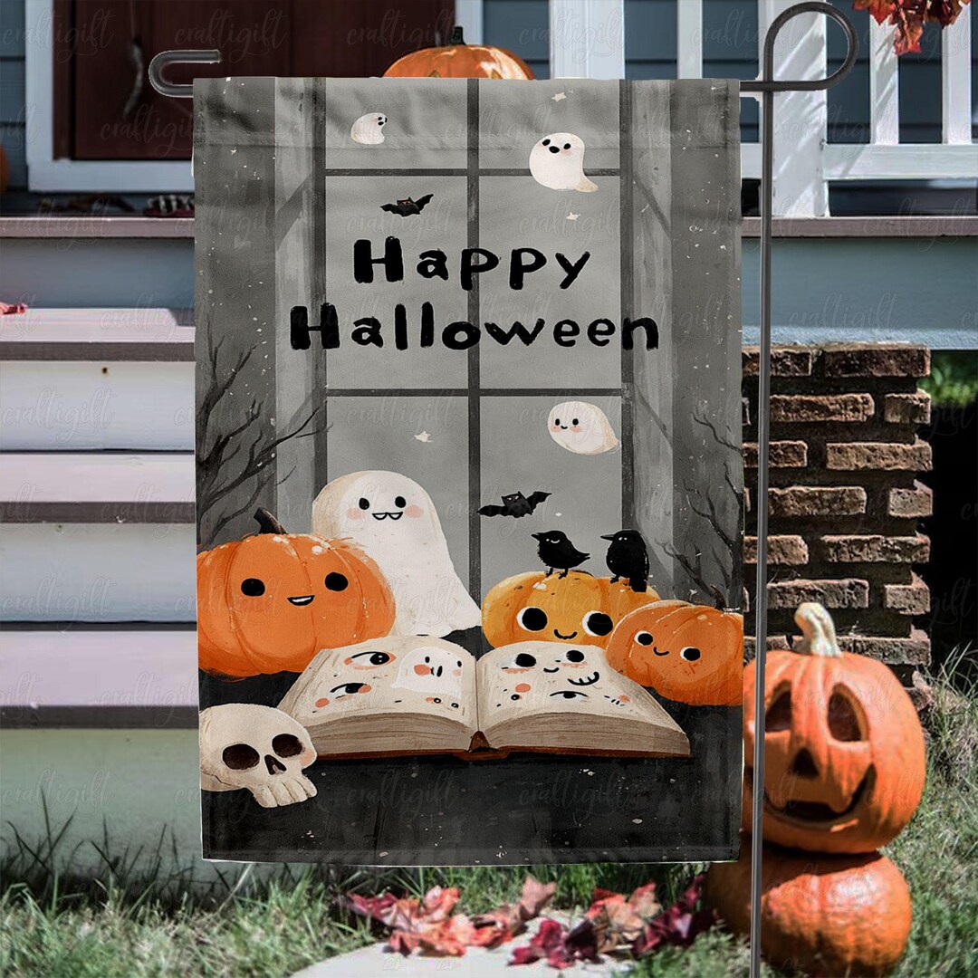Cute Happy Halloween Spooky Flag, Charming Pumpkin Ghost Yard Flag ...