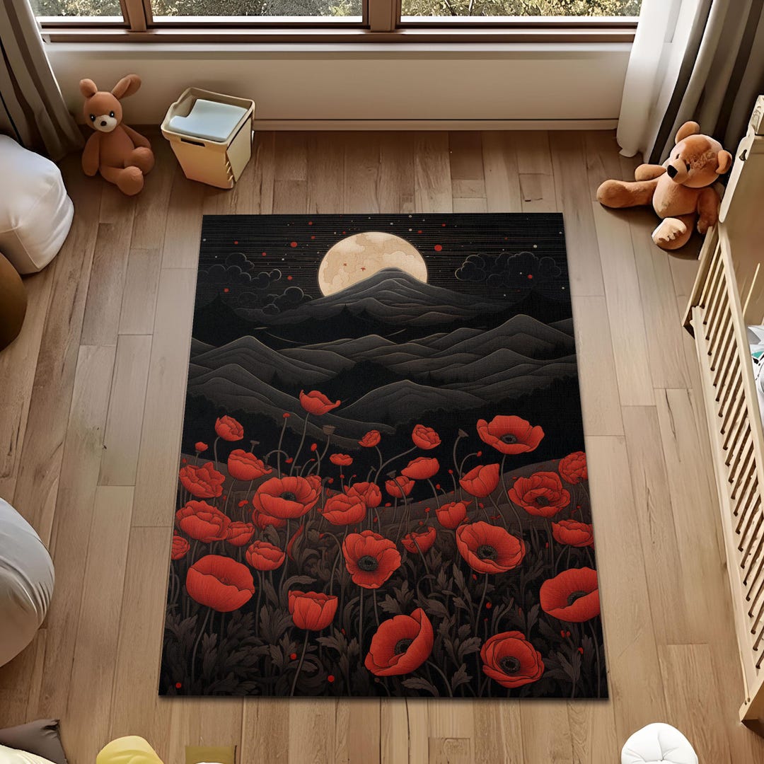 Celestial Poppy Field 3D Area Rug, Red Poppy Meadow Floor Mat ...
