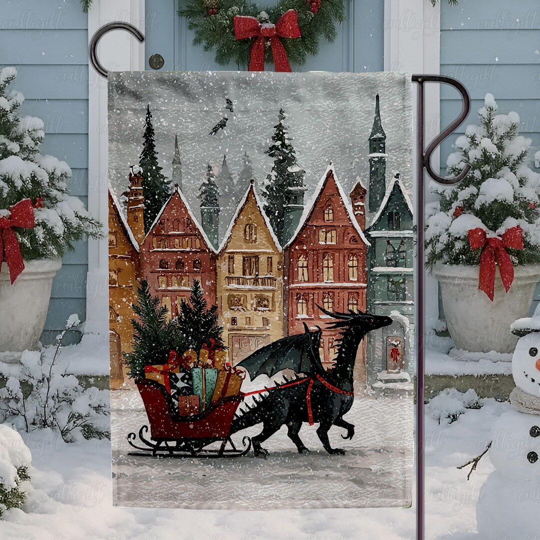 Enchanted Holiday Village Flag, Dragon Sleigh Christmas Flag, Fantasy ...