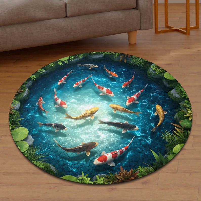 3D Koi Fish Pond Area Rug, Realistic Koi Carp Water Illusion Rug, Blue ...