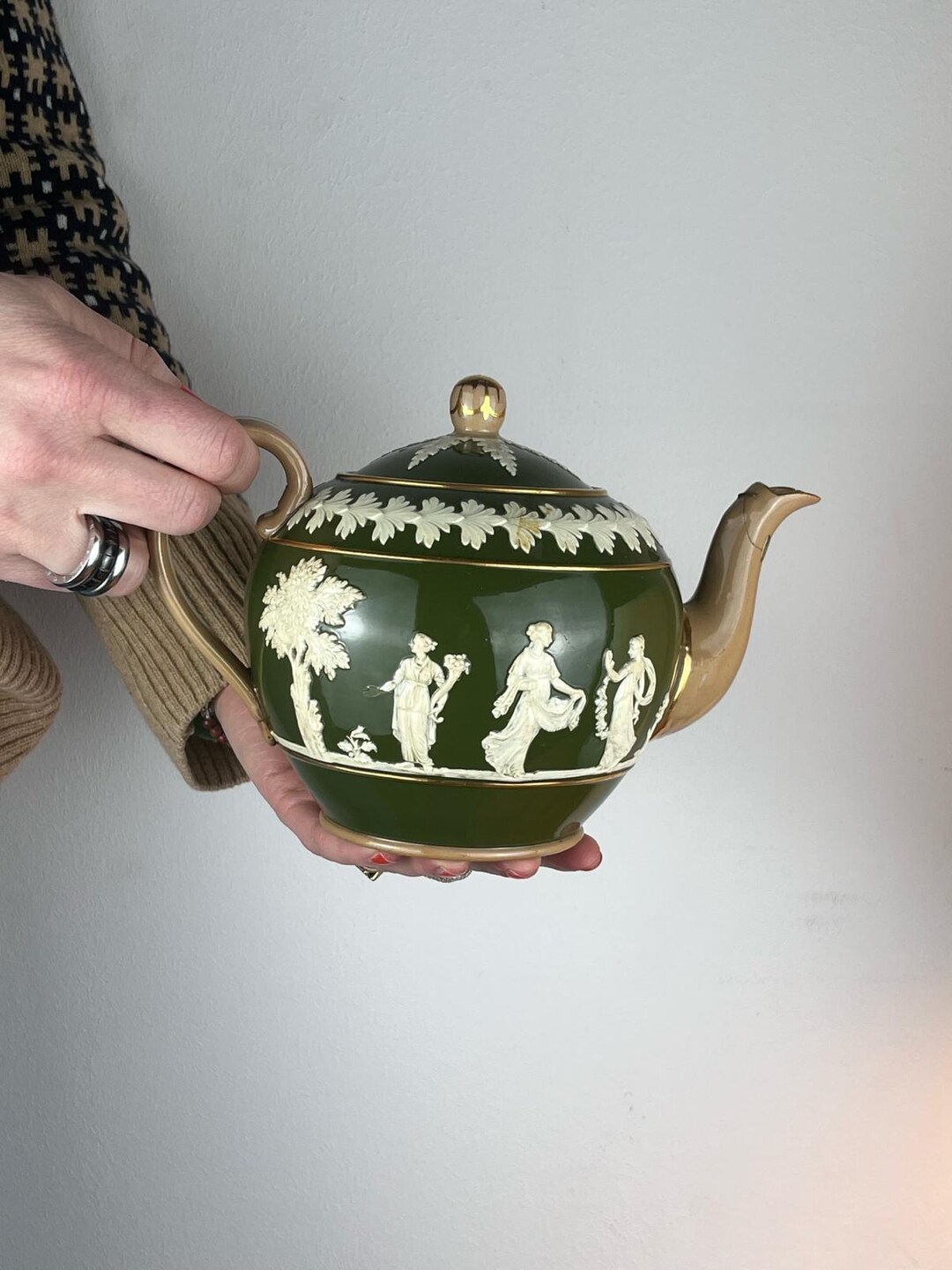 Rare Copeland Spode Glazed Green English Teapot, Green / Brown Relief ...