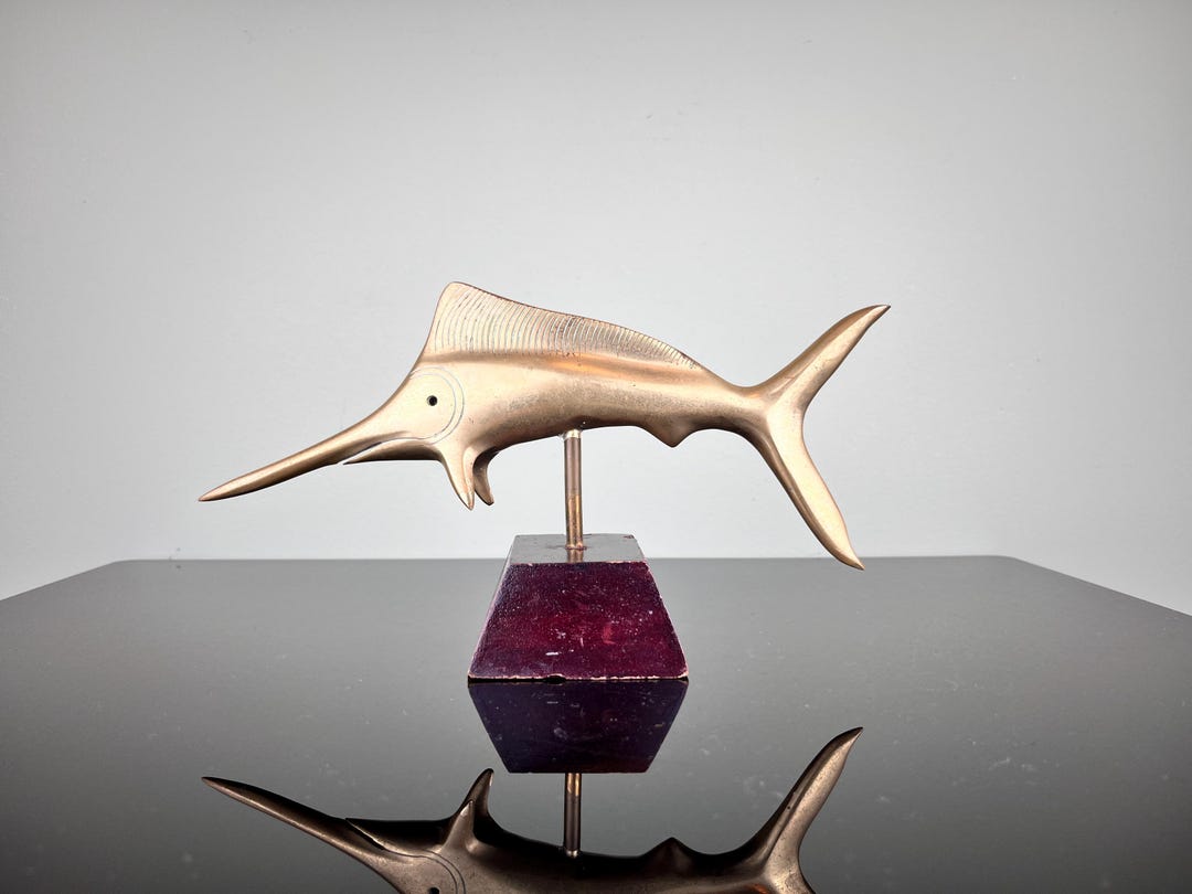Paperweight I Vintage Swordfish / Marlin - Solid Brass on Wooden Frame ...