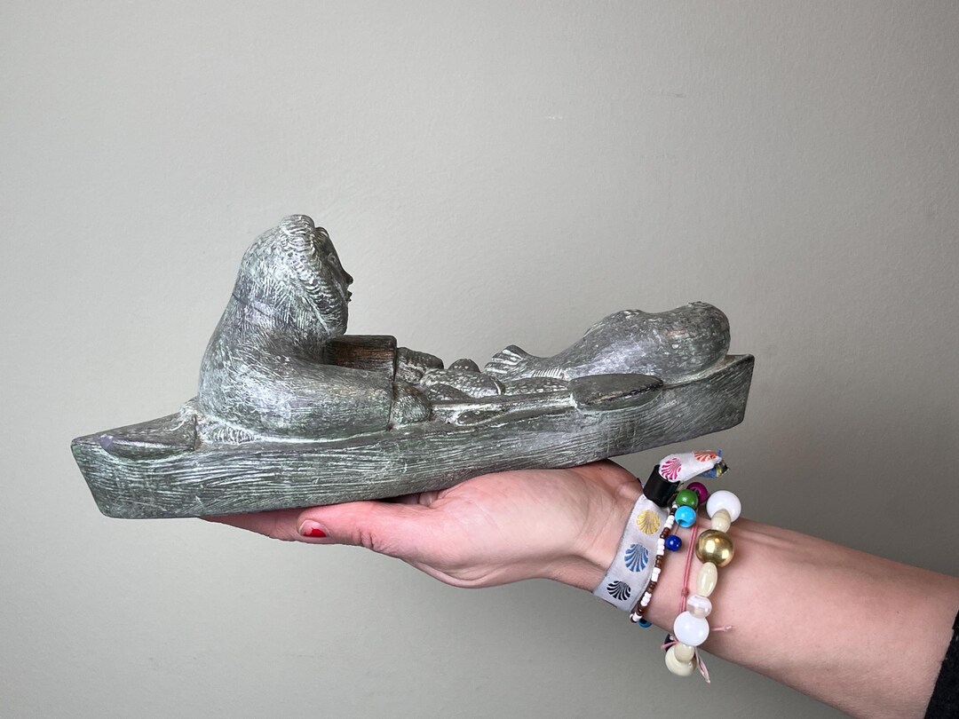 EDMUND WOLF Soapstone Inuit Eskimo Figure - Signed WE I Canada Carved ...