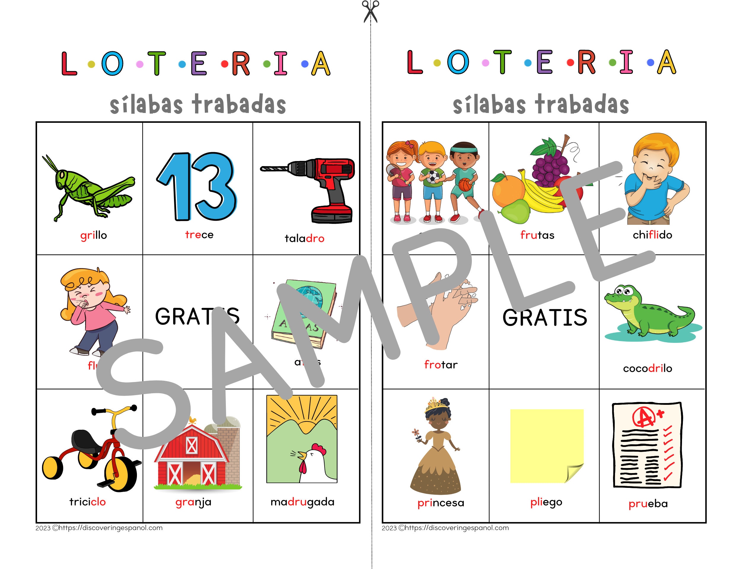 SPANISH Loteria for Kids Bingo Game Sílabas Trabadas