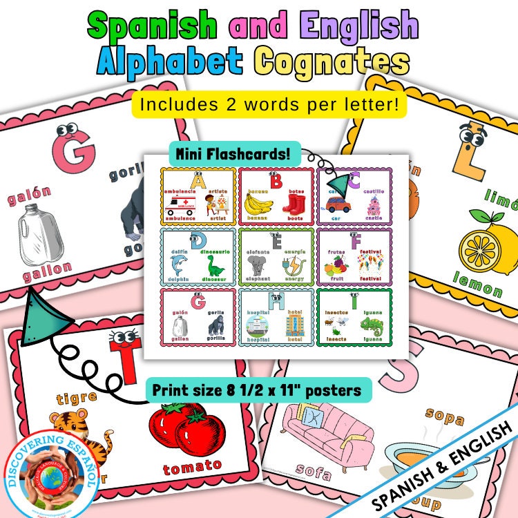 Bilingual Cognates Spanish and English Alphabet Posters - Etsy