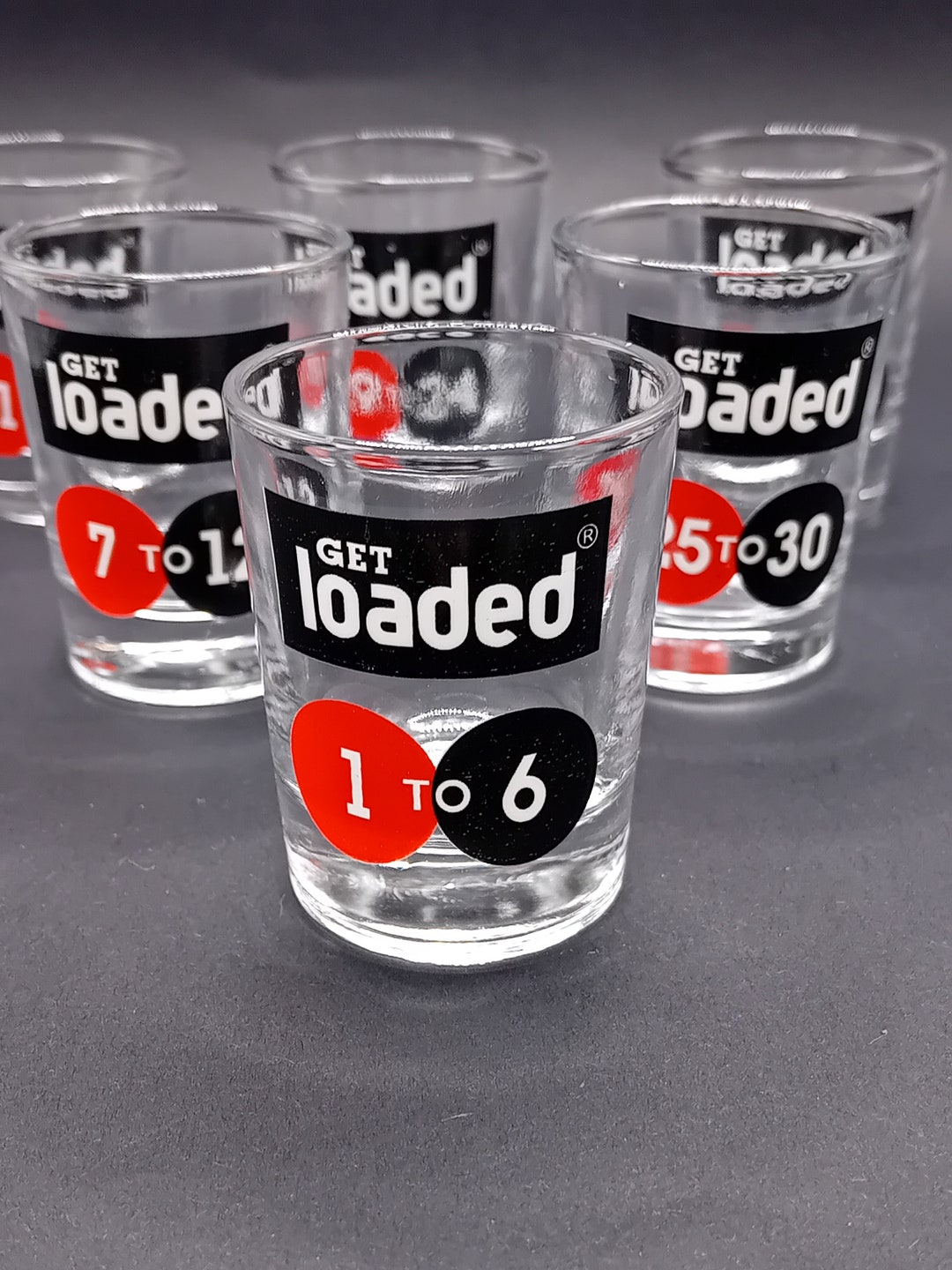 Vintage Set 6 Shot Glasses. Get Loaded , Drinking Game Glasses. - Etsy