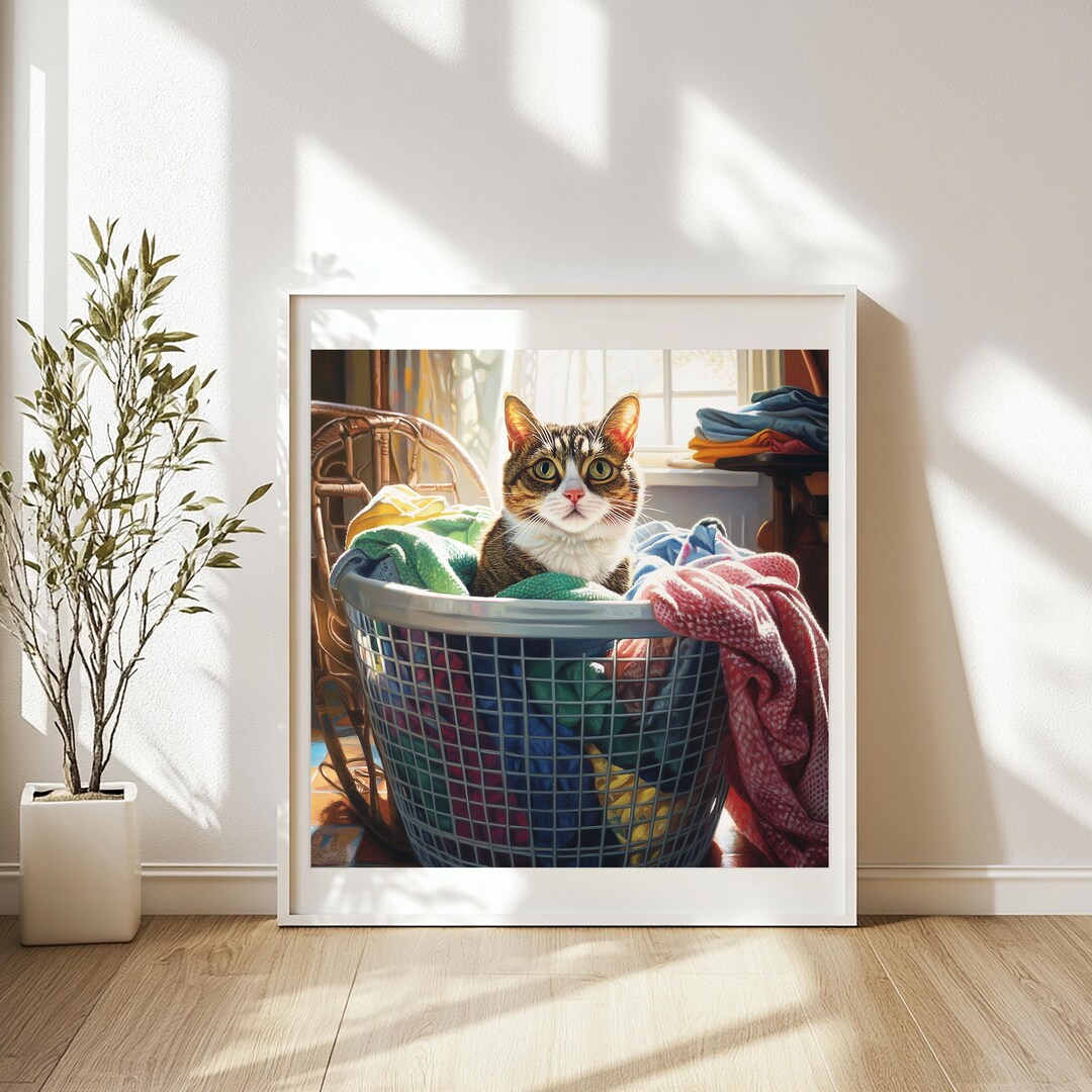 DIGITAL PRINT - Adorable Cat in Laundry Basket Wall Art - Cozy Laundry ...