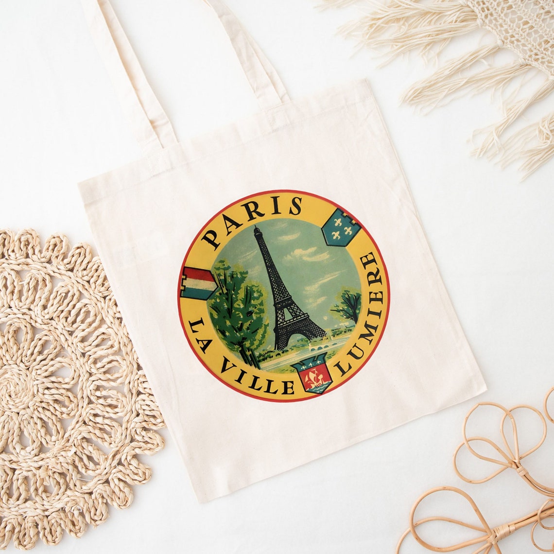 Paris Vintage Emblem France Travel Poster Tourist Cotton Tote Bag Gift ...