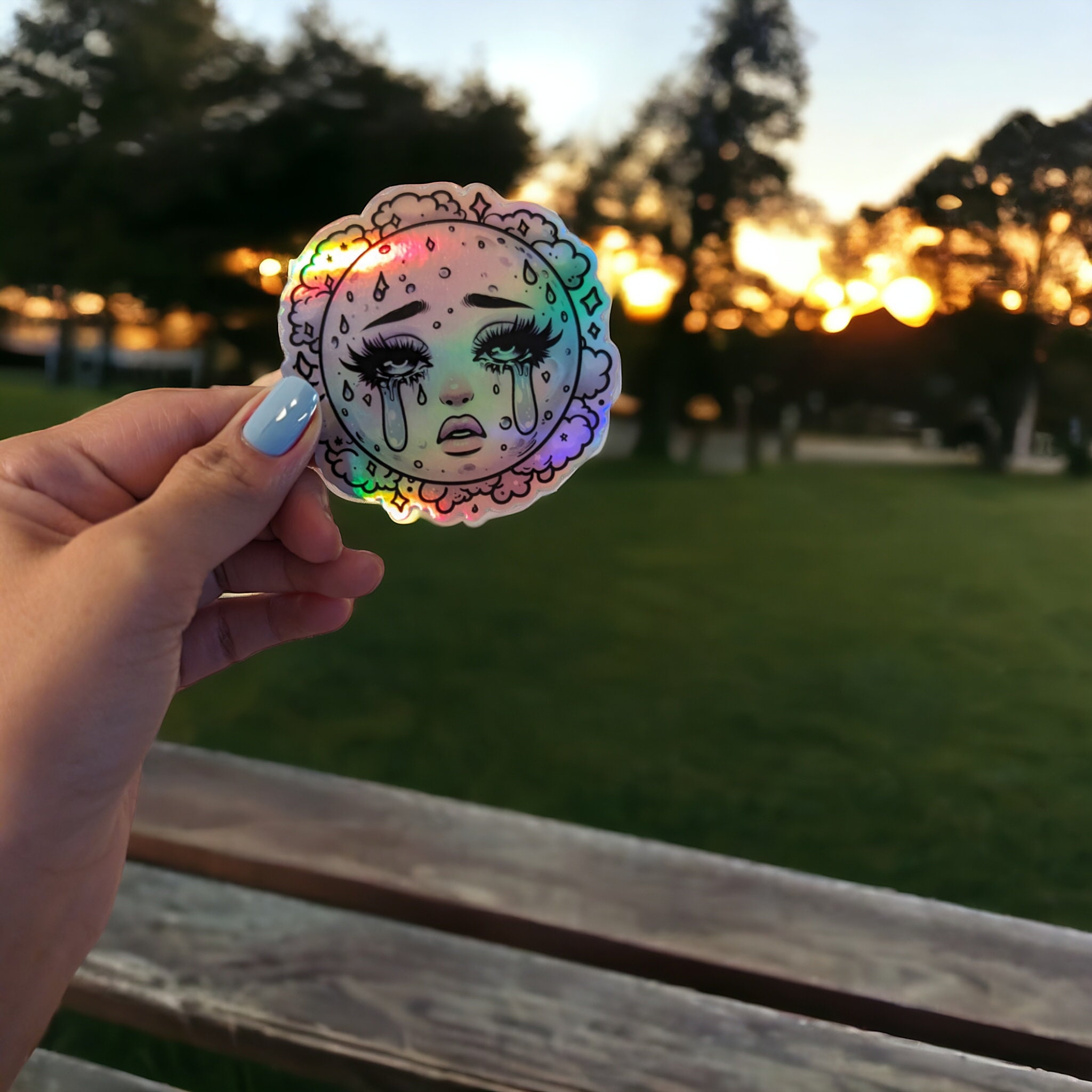 Holographic Crying Moon Sticker Modern Girly Celestial Design Premium ...