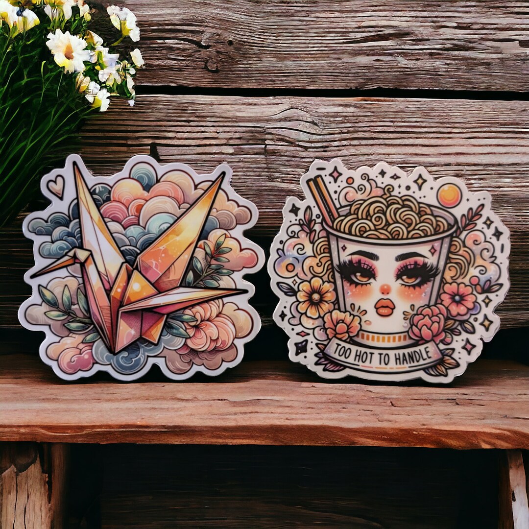Cute Japanese Sticker Pack - 2 Stickers - Origami Crane & Ramen Noodles ...