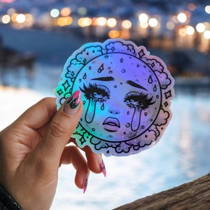 Holographic Crying Moon Sticker - Modern Girly Celestial Design - Cute ...
