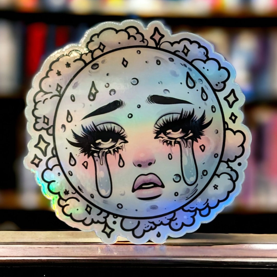 Holographic Crying Moon Sticker - Modern Girly Celestial Design - Cute ...