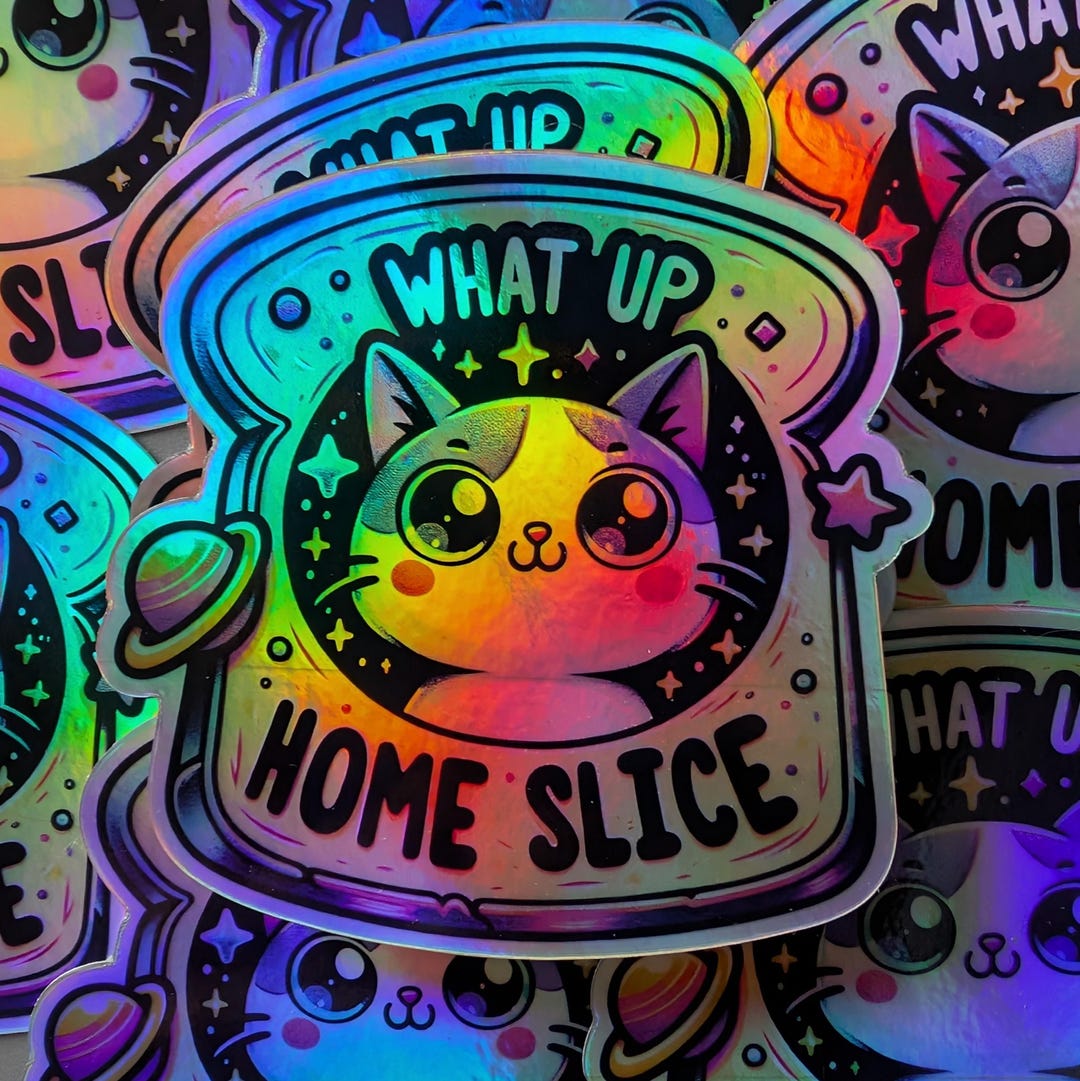 Holographic Cat Sticker - Cute Cat in Bread Sticker - Funny Cat What up ...