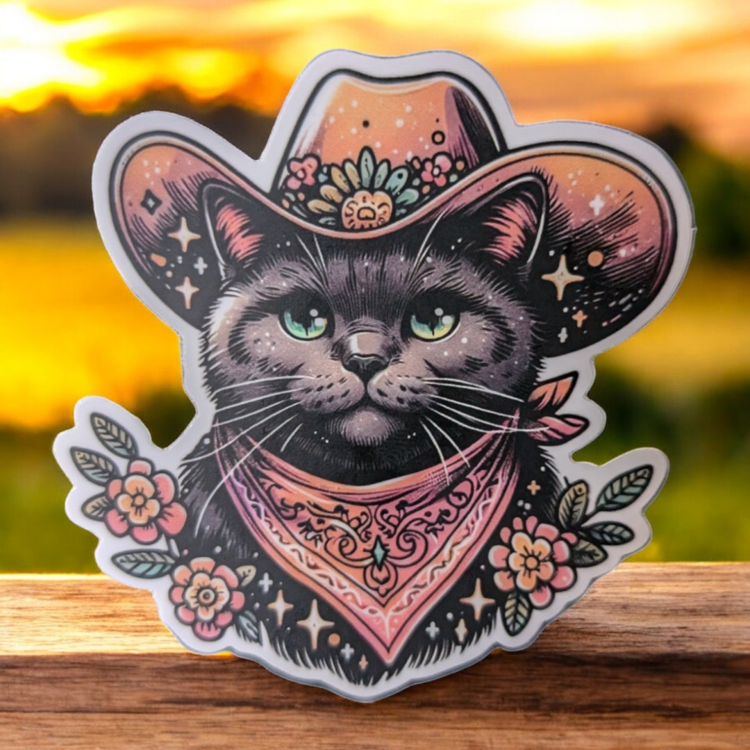 Cowboy Cat - Handsome Kitty Waterproof Western Cat Sticker - Cute Cat ...