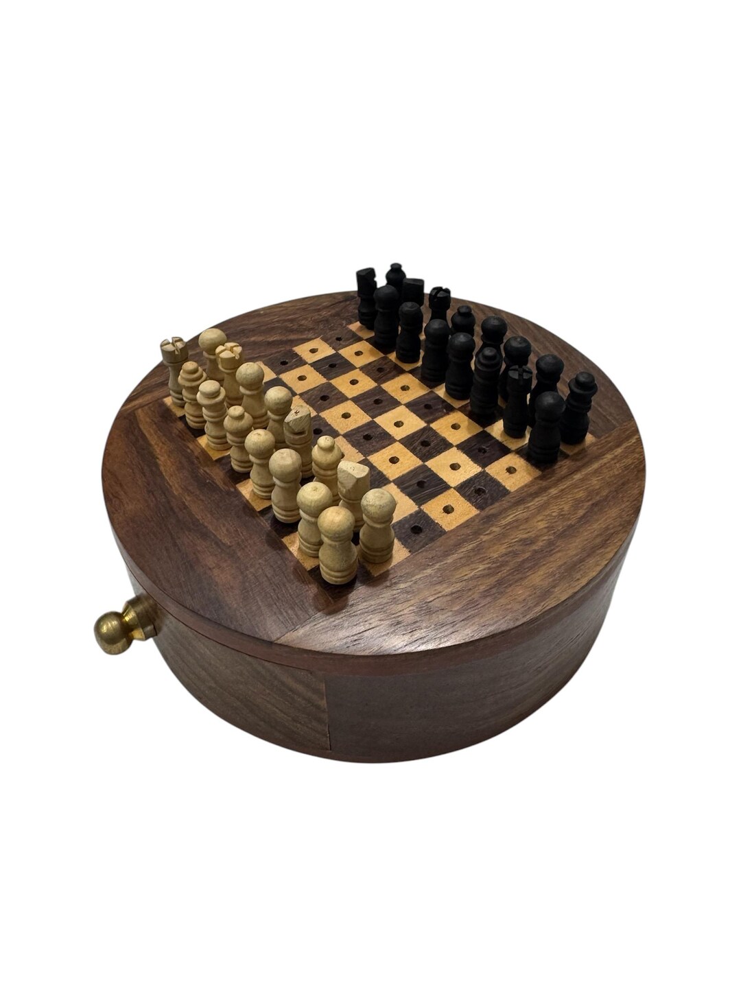 Handmade Wooden Round Chess Set With Drawer – Travel Chess Board Game ...
