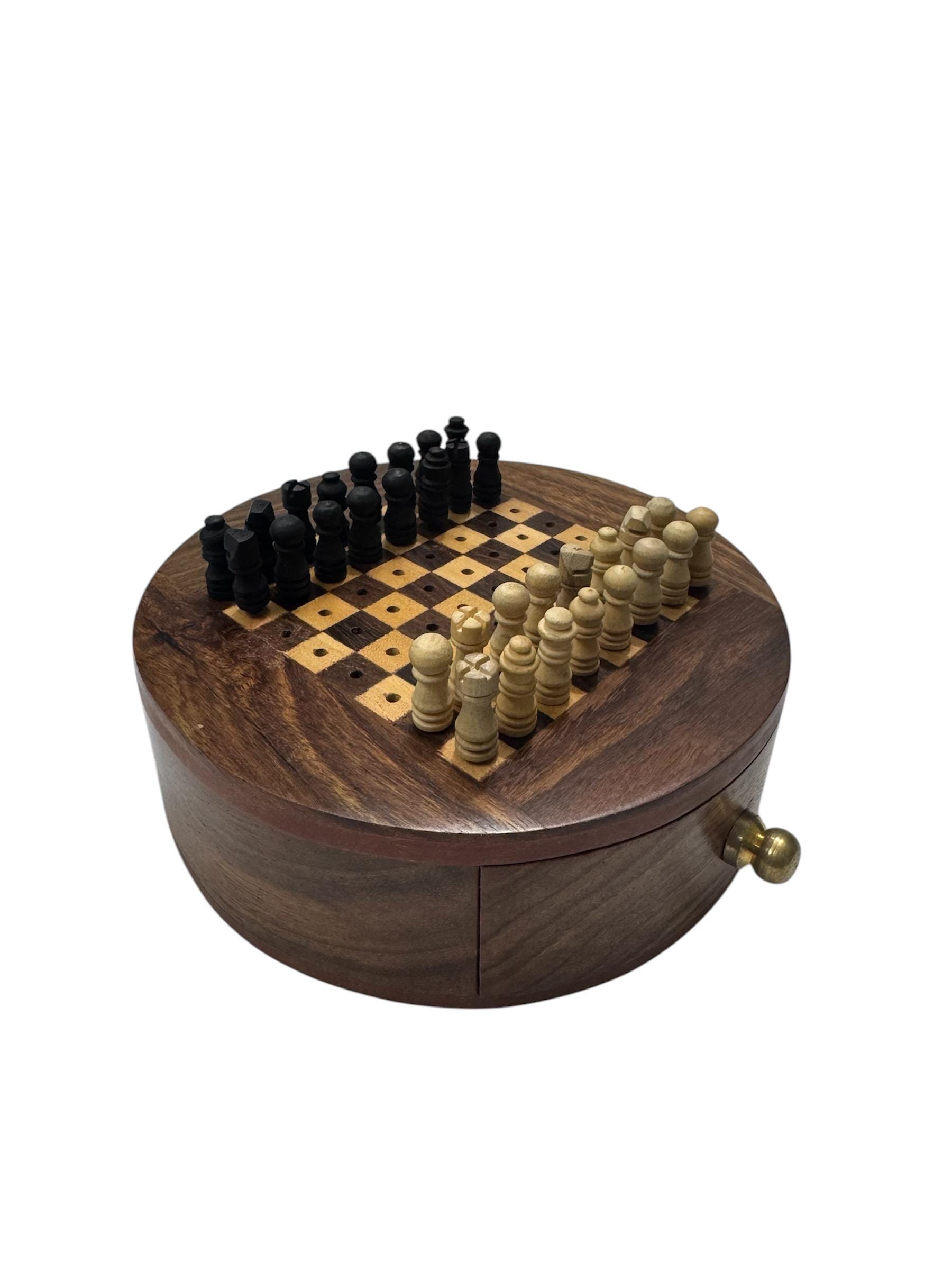 Handmade Wooden Round Chess Set With Drawer – Travel Chess Board Game ...