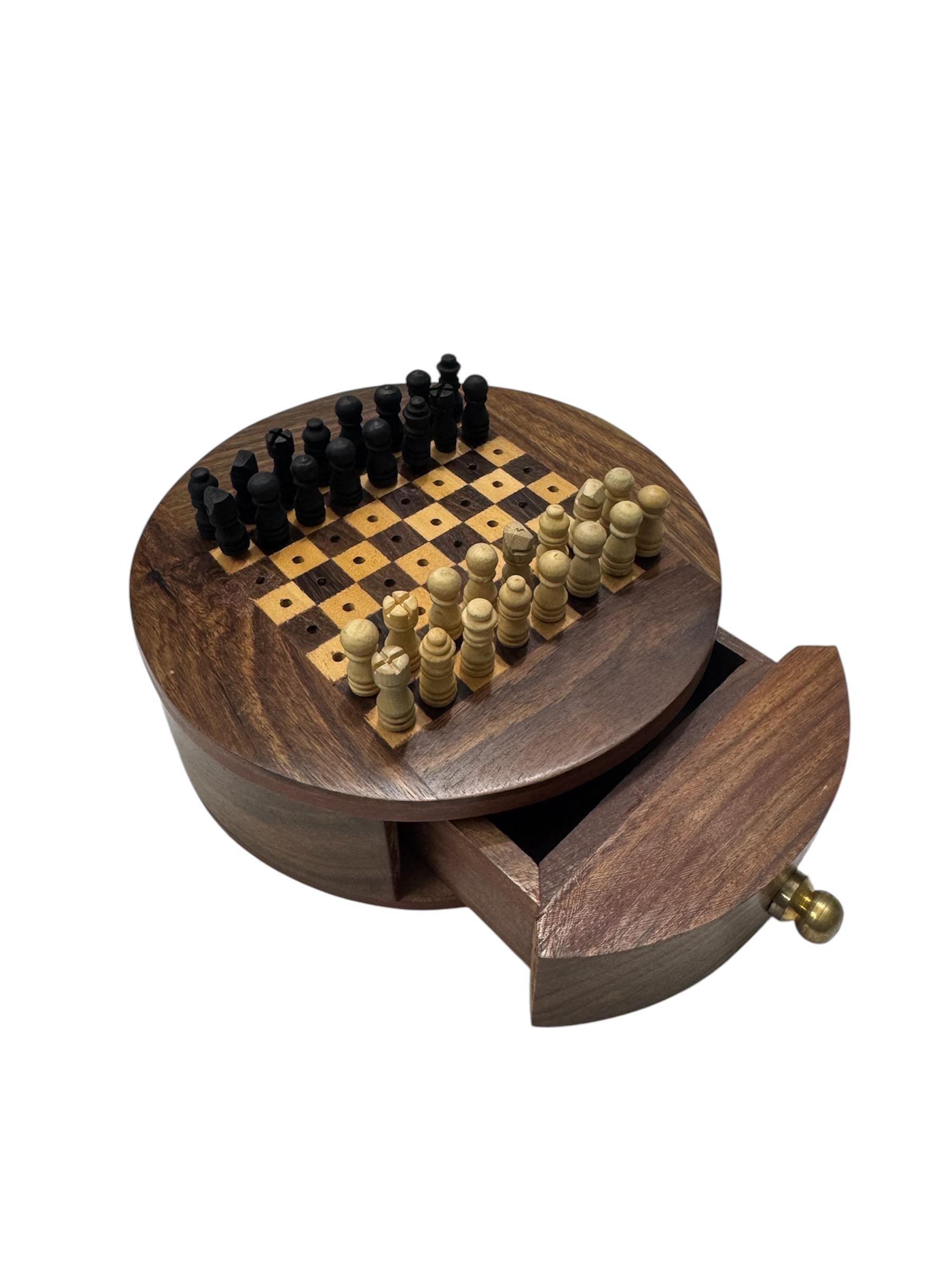 Handmade Wooden Round Chess Set With Drawer – Travel Chess Board Game ...