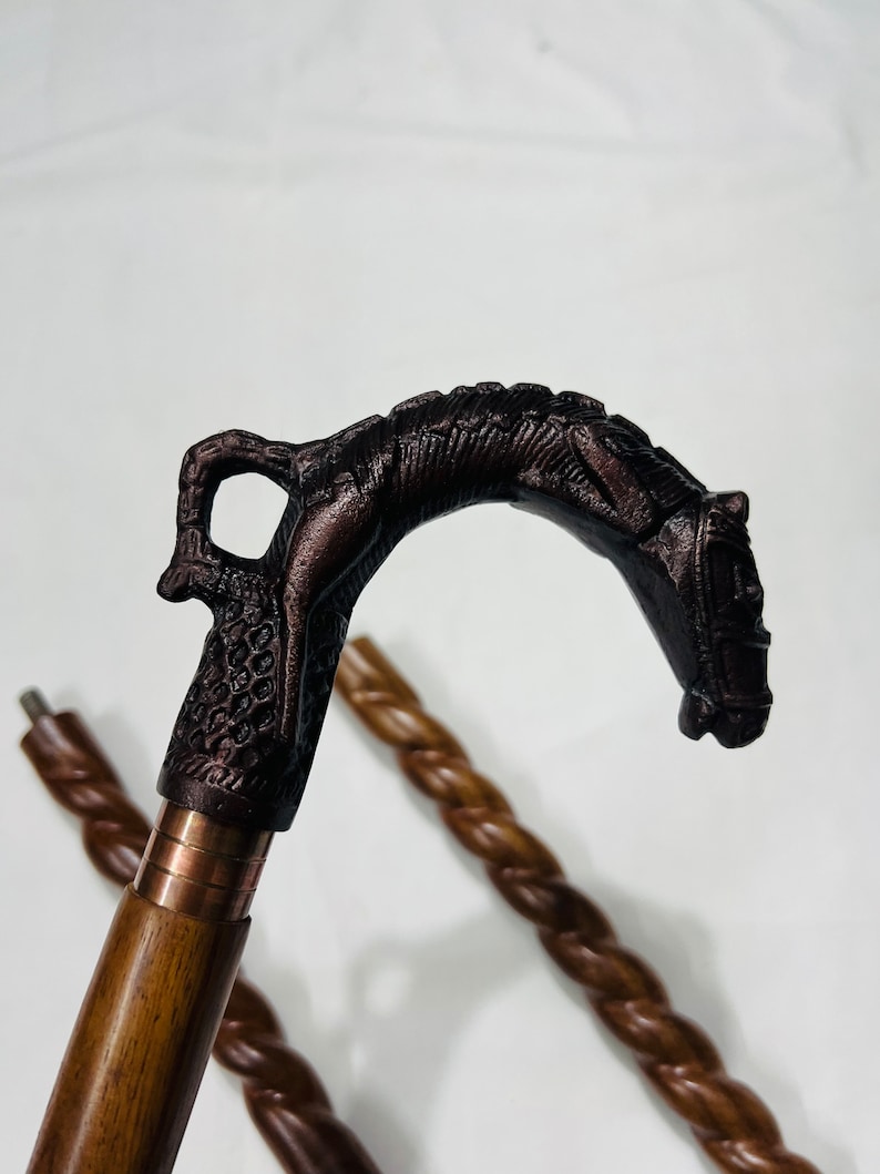 Horse Head Handle Wooden Walking Stick: Spiral Designer Cane (37 Inches ...