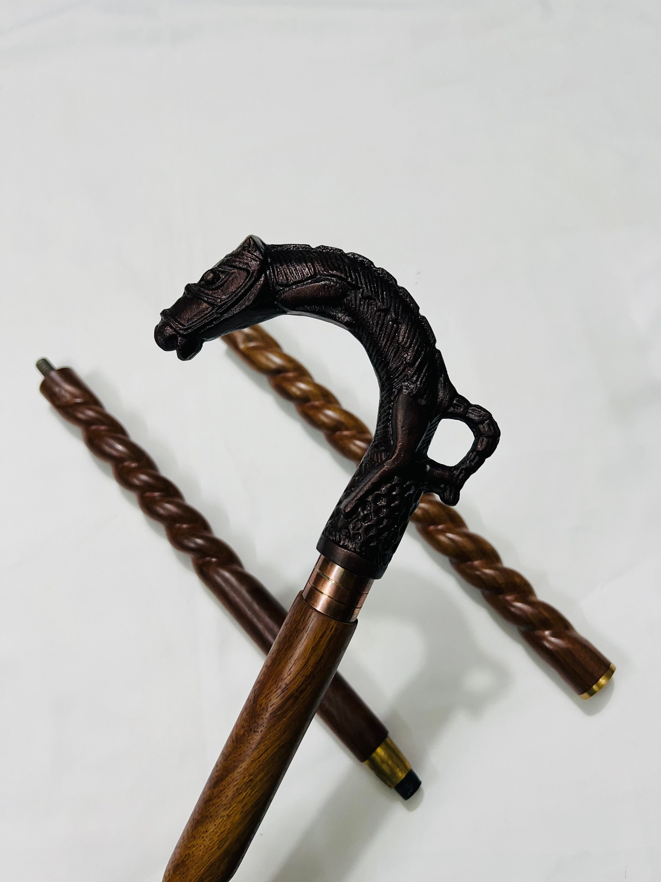 Horse Head Handle Wooden Walking Stick: Spiral Designer Cane (37 Inches ...