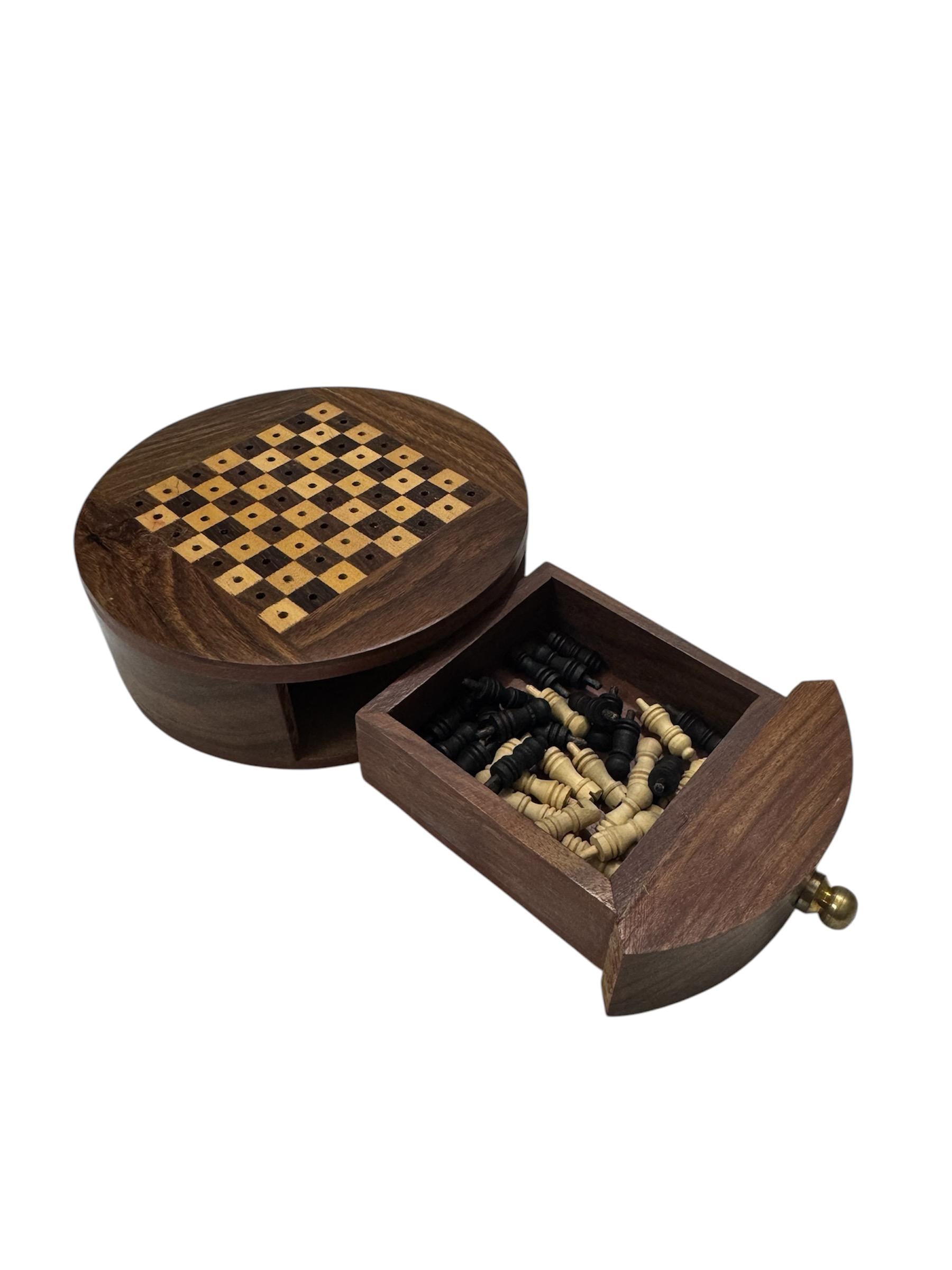 Handmade Wooden Round Chess Set With Drawer – Travel Chess Board Game ...