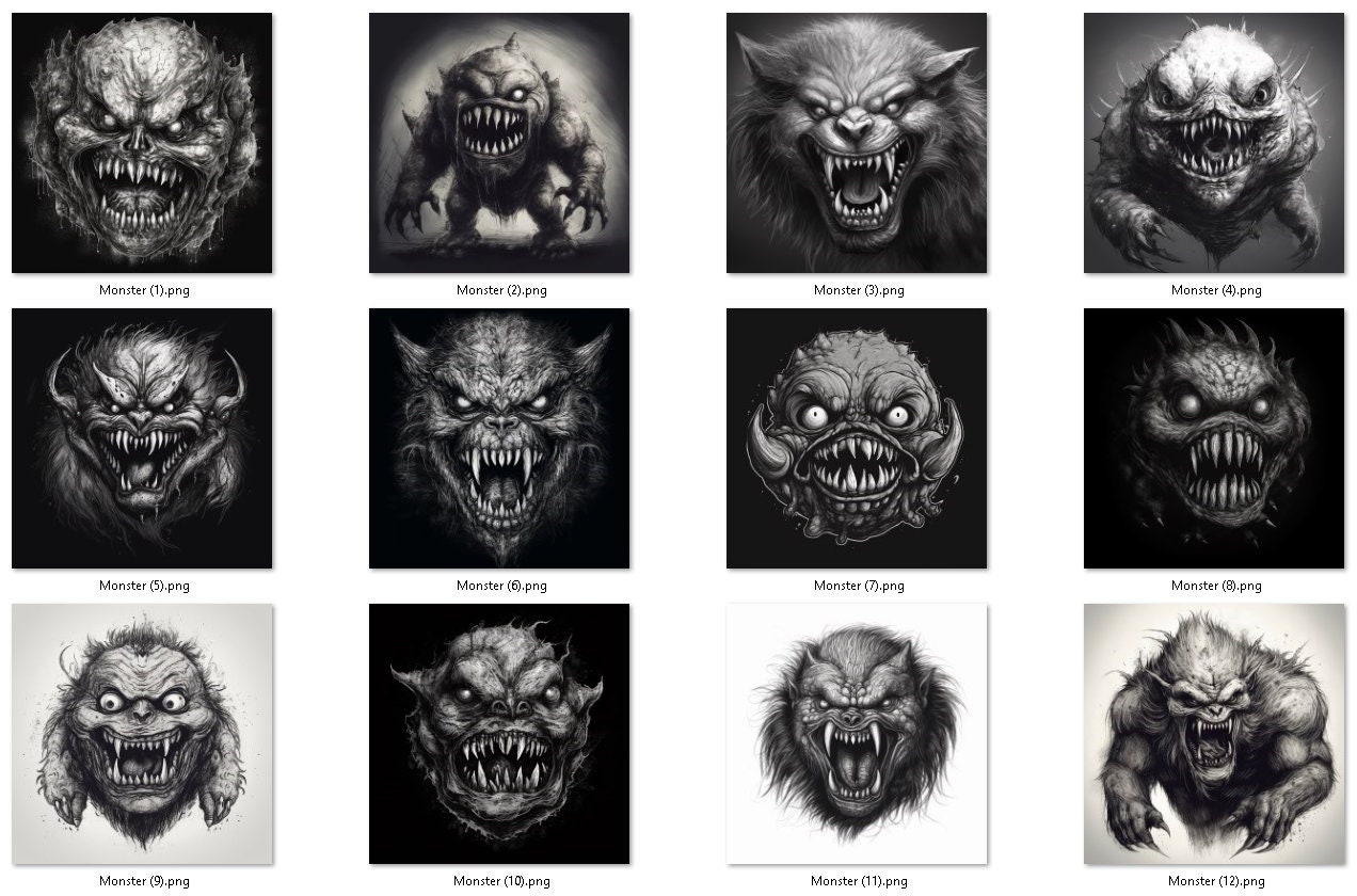 Bundle of 30 Black and White Clip Art Images of Monster Variations ...