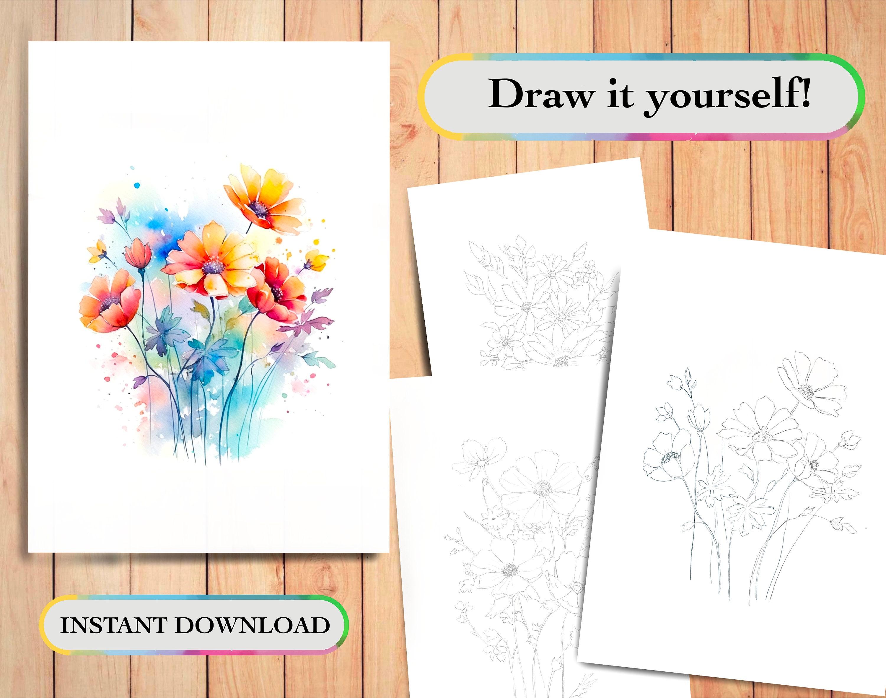 Watercolor Flowers Coloring Page Book for Adults and Kids-instant ...