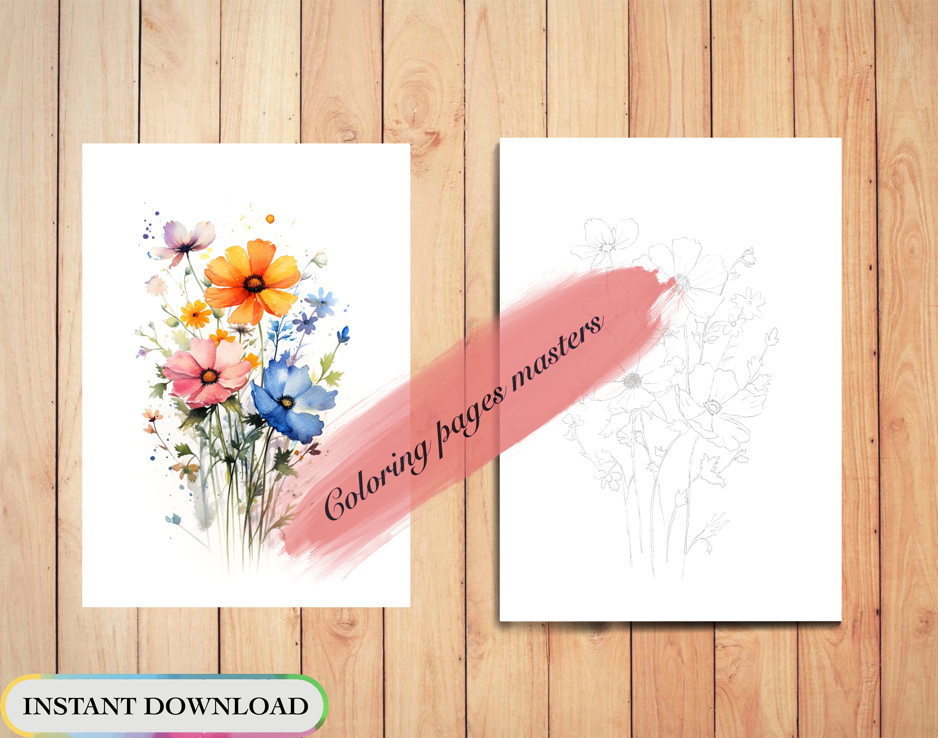 Watercolor Flowers Coloring Page Book for Adults and Kids-instant ...