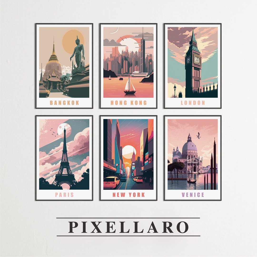Minimal City Destinations Travel Posters, Wall Art Gallery Set of 6 ...