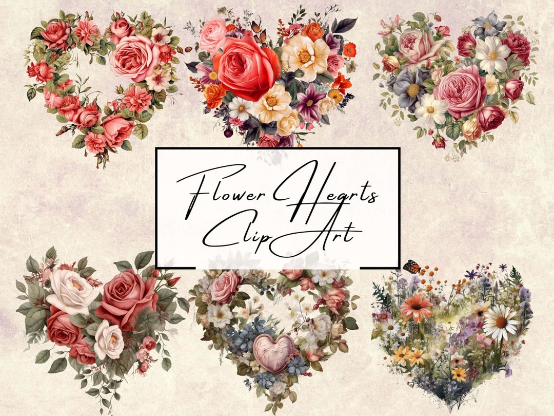 Flower Hearts Clipart Digital Illustration Instant Download 24 ...