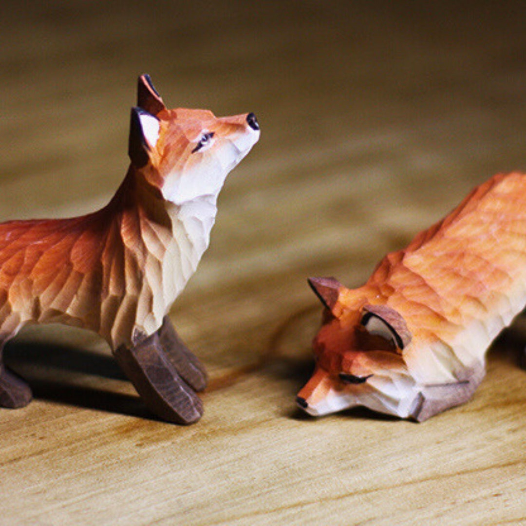 Wooden Fox Carving Handmade Arctic Fox, Wooden Fox Figurine, Animal ...