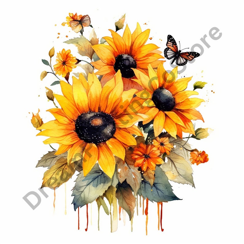 Watercolor Sunflowers Floral Clipart Fall Bouquet, PNG, Commercial Use ...