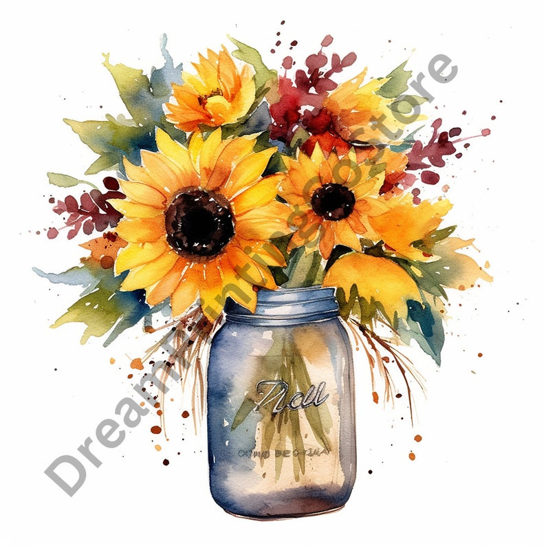Watercolor Sunflowers Floral Clipart Fall Bouquet, PNG, Commercial Use ...