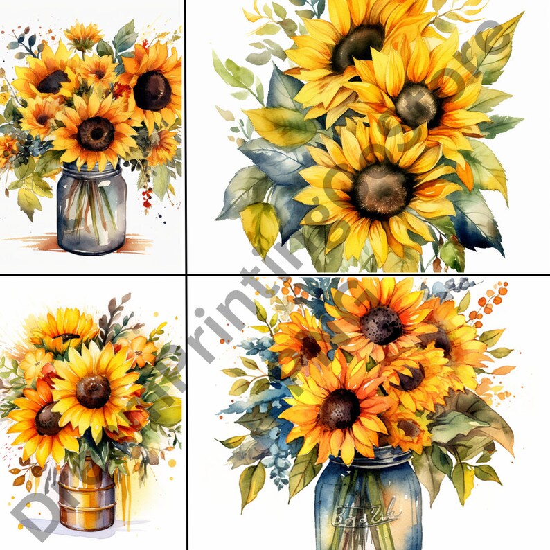 Watercolor Sunflowers Floral Clipart Fall Bouquet, PNG, Commercial Use ...