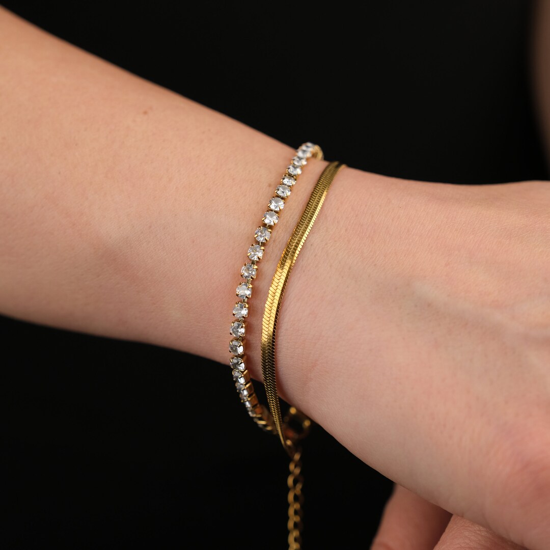 14K Gold Plated Italian Style Chain With Rhinestone Waterway - Etsy