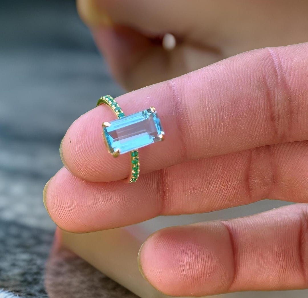 925 Silver Lab Aquamarine Baguette With Green CZ Ring,dainty Stacking ...