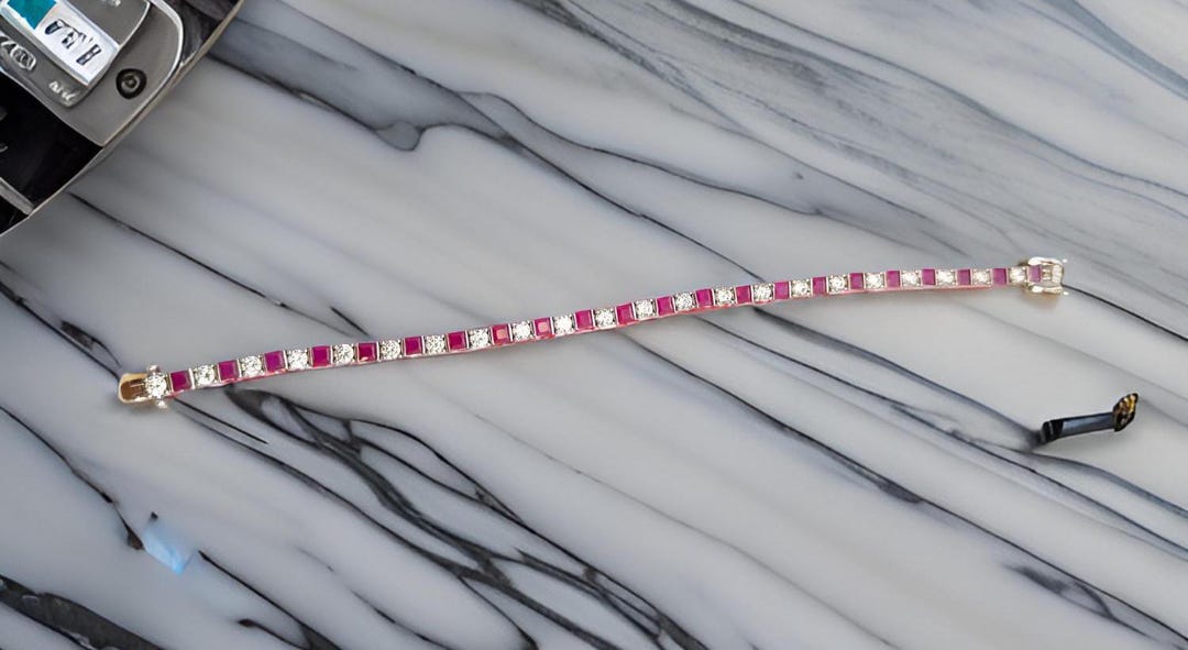 925silver Lab Ruby Square With White Topaz Tennis Bracelet,14k Gold ...