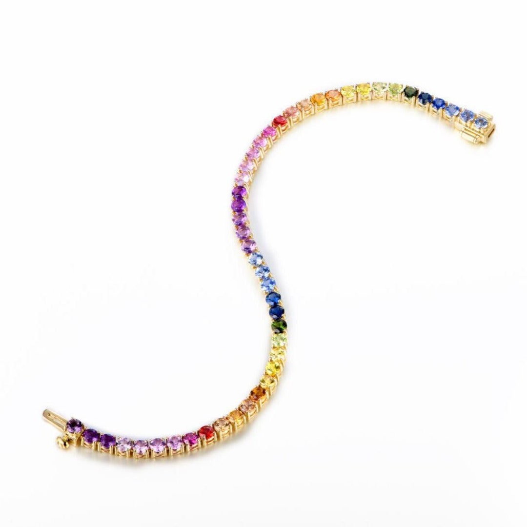 18k Rainbow Sapphire Bracelet,multi-color Sapphire Tennis Bracelet ...