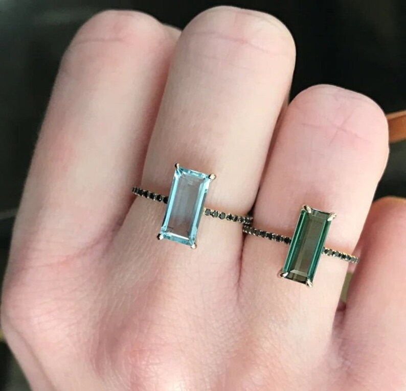 18k Green Tourmaline Baguette Ring, Tourmaline Wedding Band,october Birthstone Ring,tourmaline ...