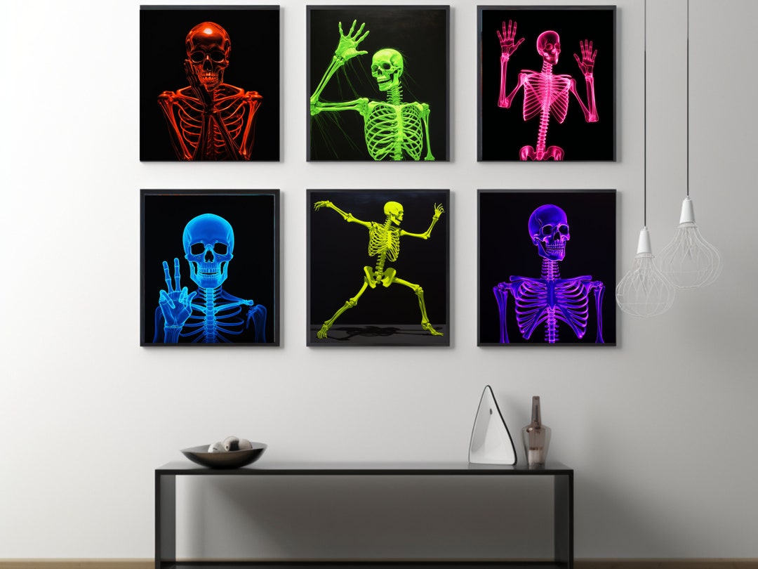 Neon Skeletons Wall Art 6 Piece Set of Digital Printables for Halloween ...