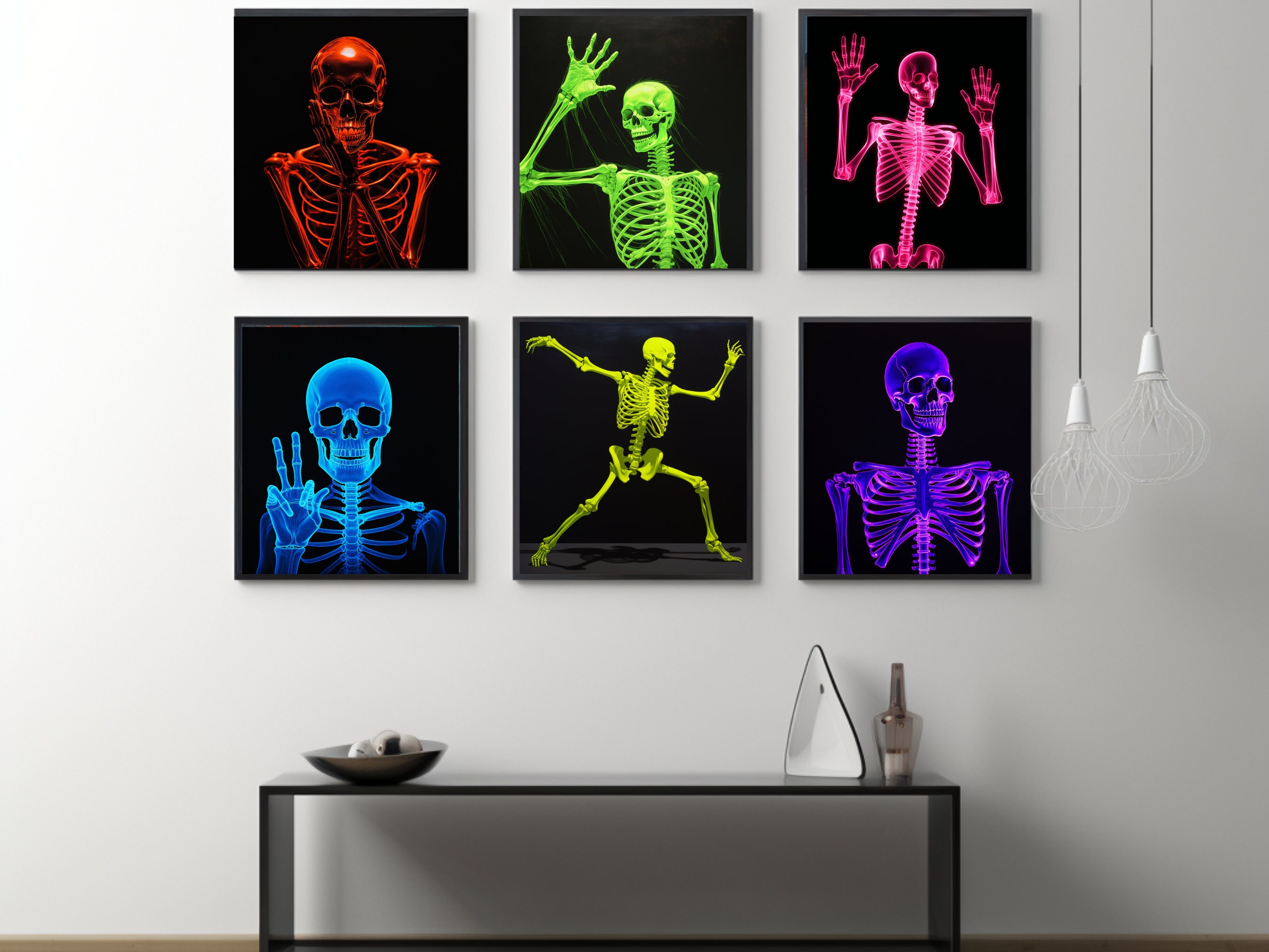 Neon Skeletons Wall Art 6 Piece Set of Digital Printables for Halloween ...