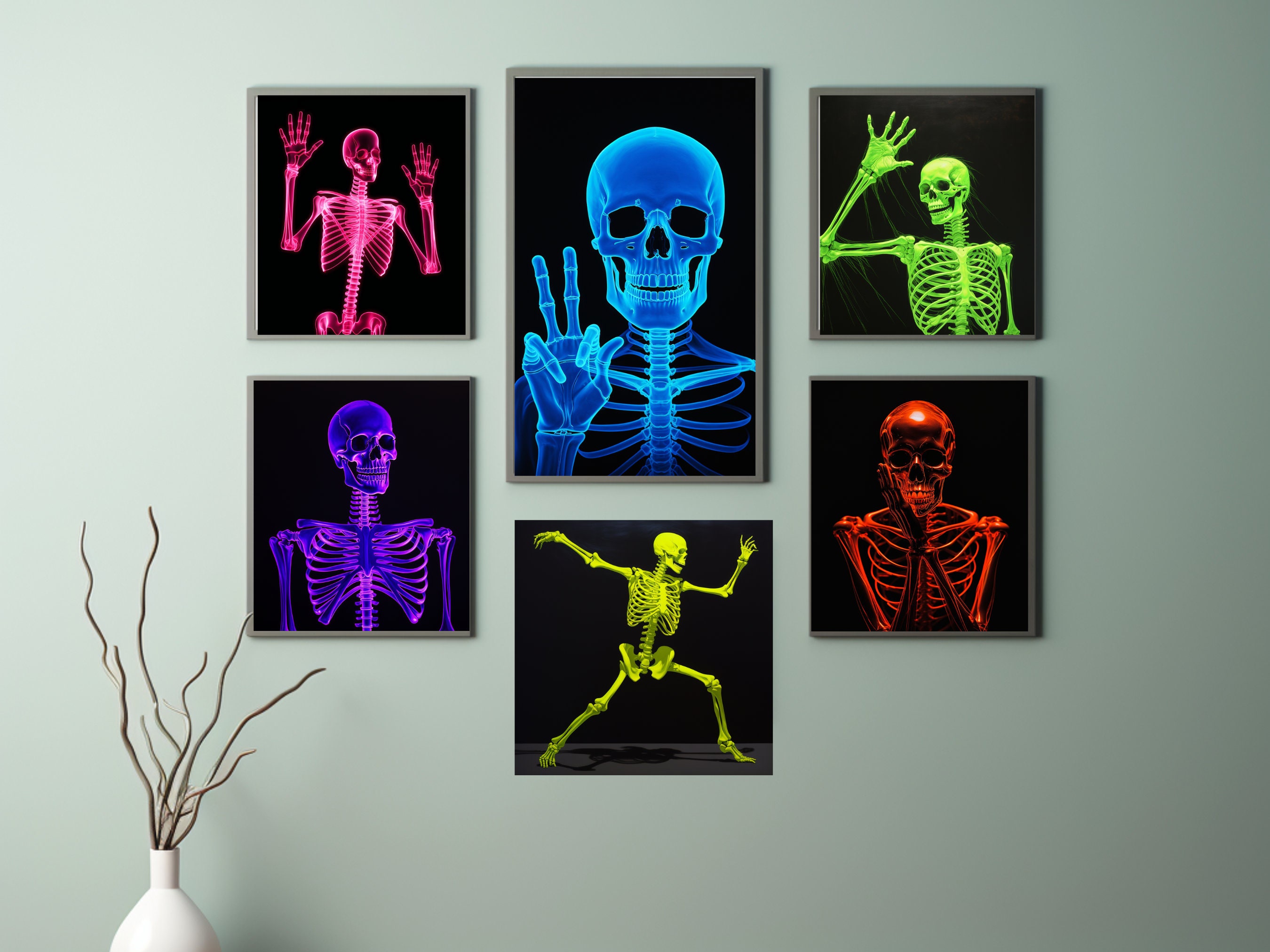 Neon Skeletons Wall Art 6 Piece Set of Digital Printables for Halloween ...