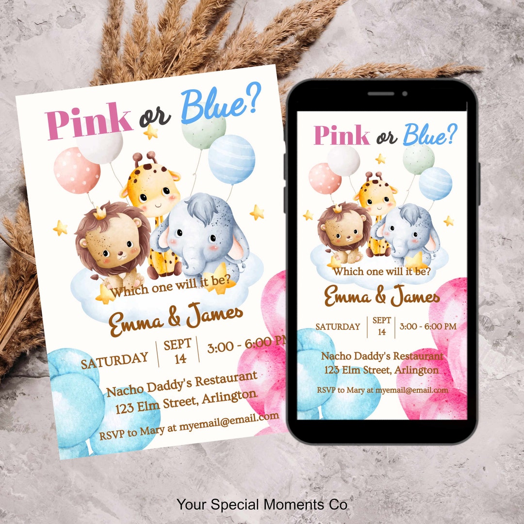 Gender Reveal Invitation, Baby Animal Gender Reveal Invite Template ...
