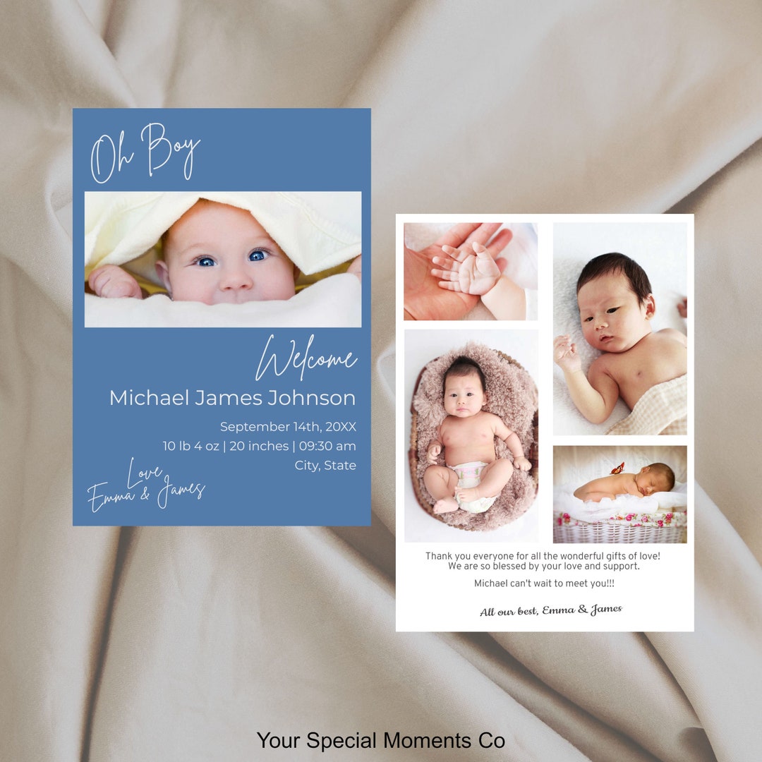 Birth Announcement With Thank You Card, Printable Photo Birth Card ...