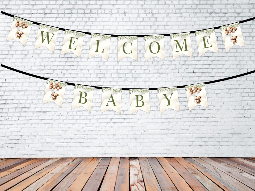 Editable Gender Neutral Teddy Baby Shower Welcome Baby Banner ...