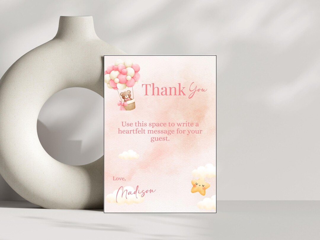 Editable Teddy Bear Girl Baby Shower Thank You Card Note, Printable ...