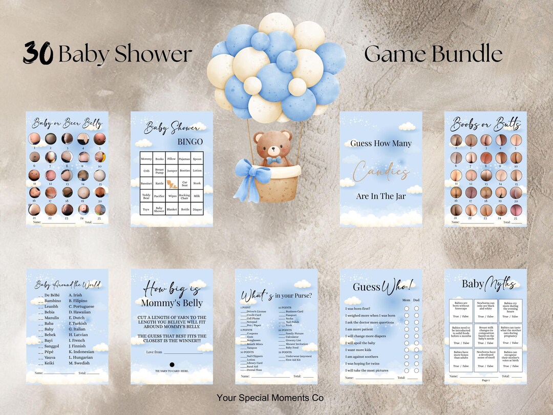 Editable Teddy Bear Boy Baby Shower Game Bundle, Party Decor, Blue and ...