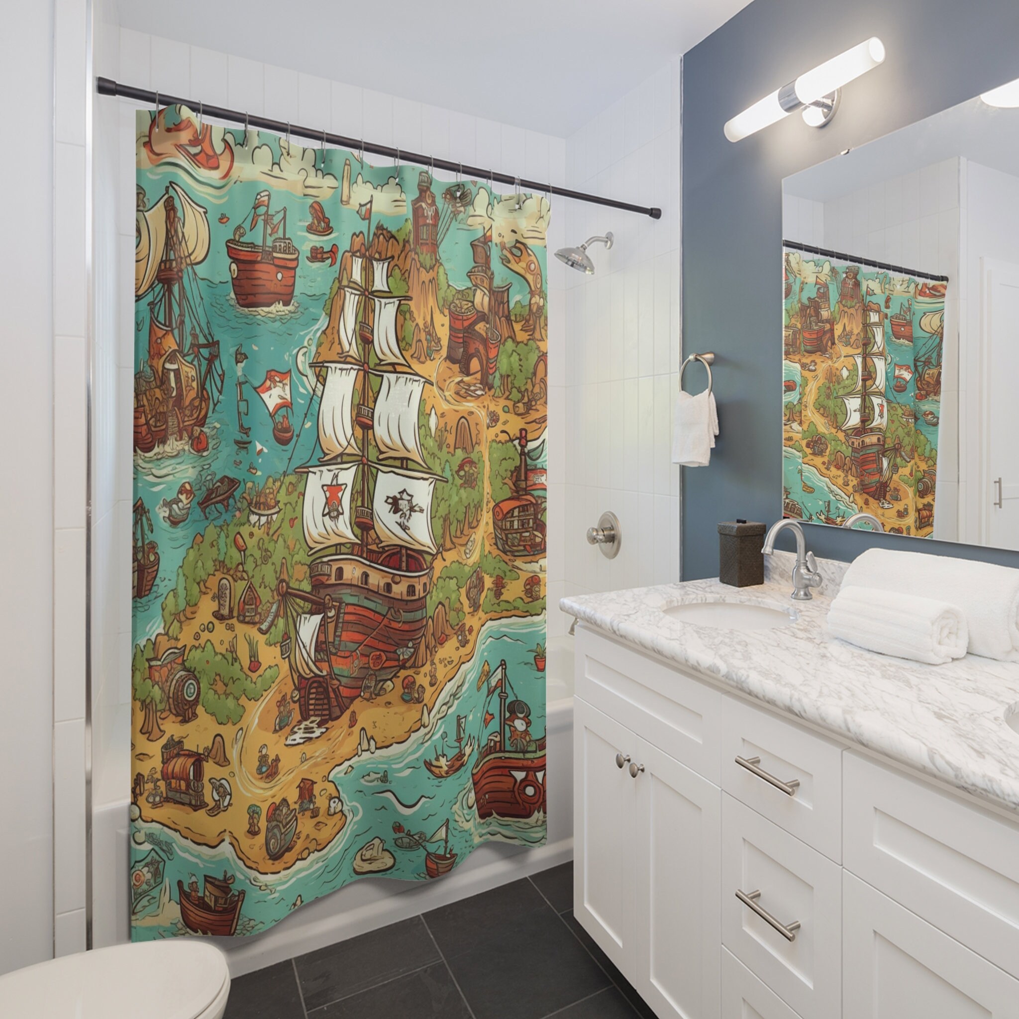 Kids Pirate Ship Treasure Map Shower Curtain-- Artistic-- Fun-- Cute ...