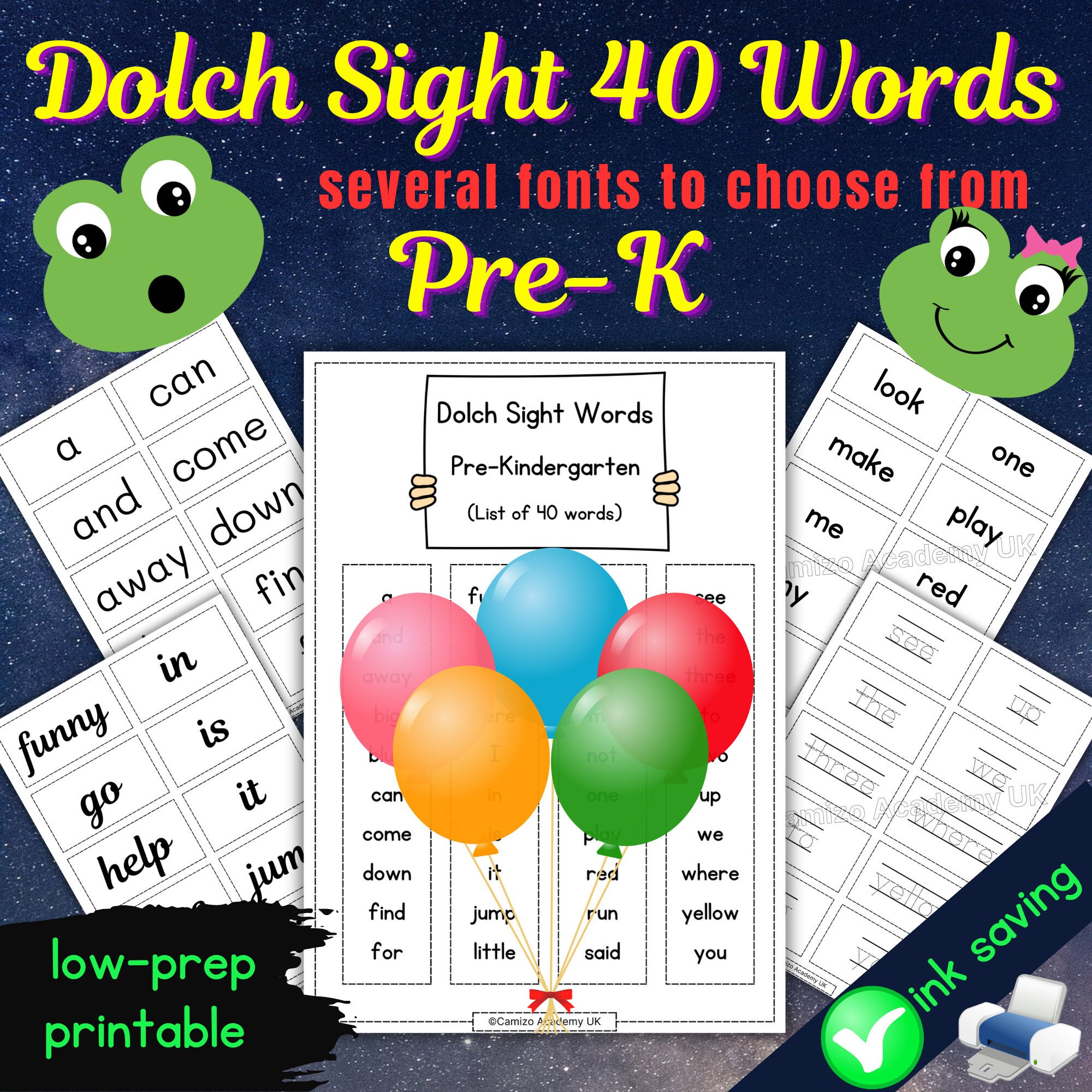 Printable Flashcards Dolch Sight Words Pre-k 40 Words - Etsy