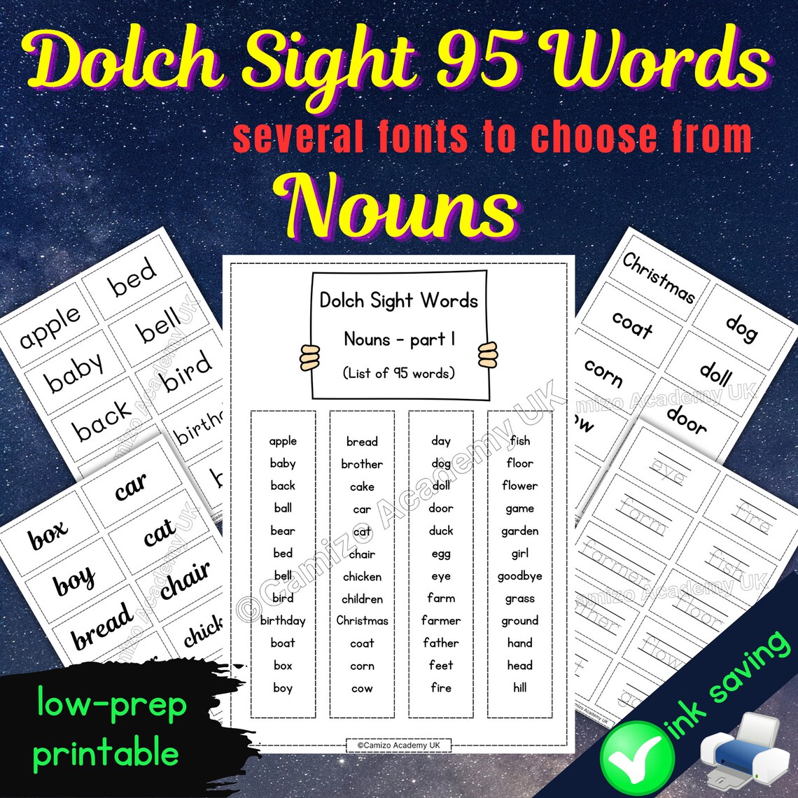 Printable Flashcards Dolch Sight Words Nouns 95 Words - Etsy