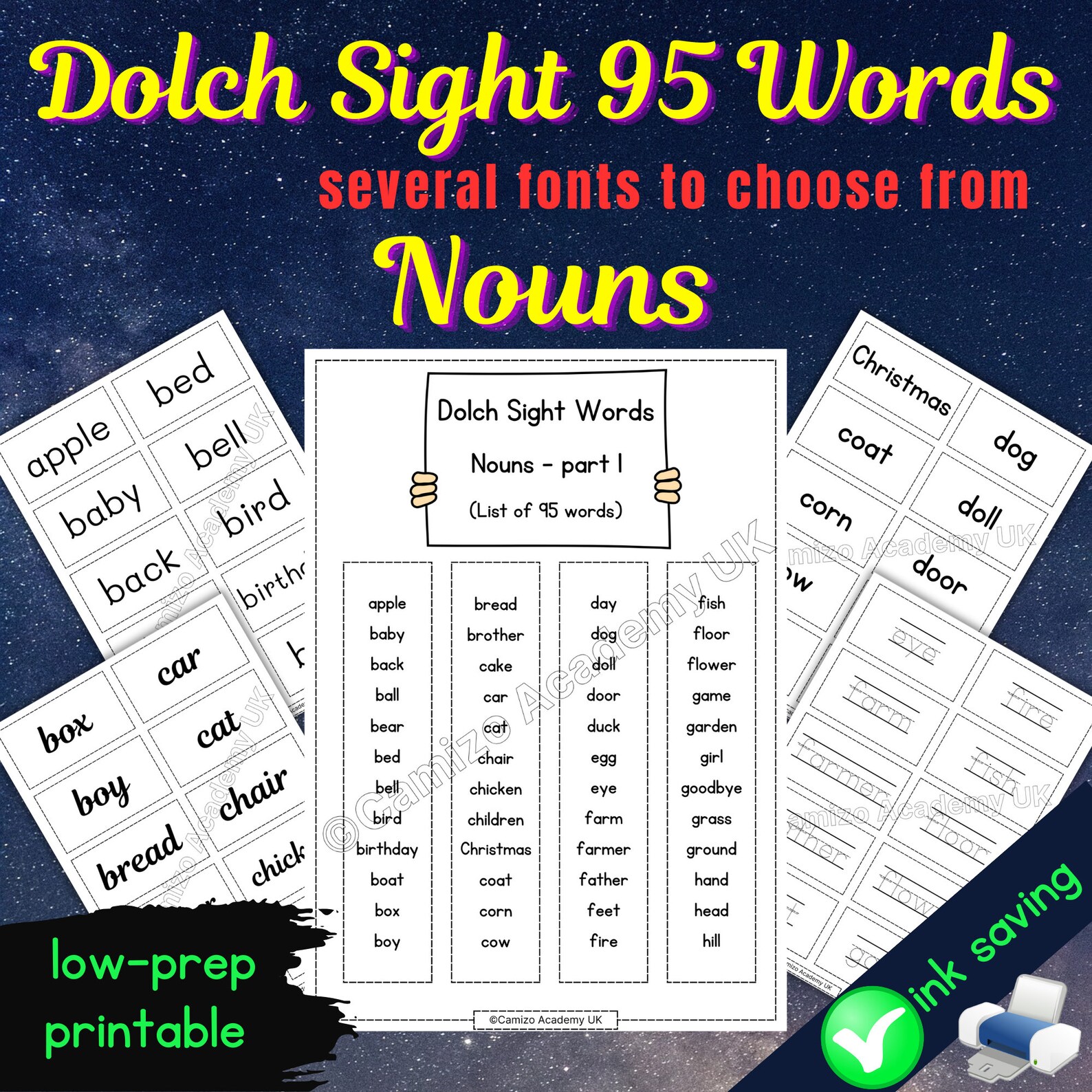 Printable Flashcards Dolch Sight Words Nouns 95 Words - Etsy